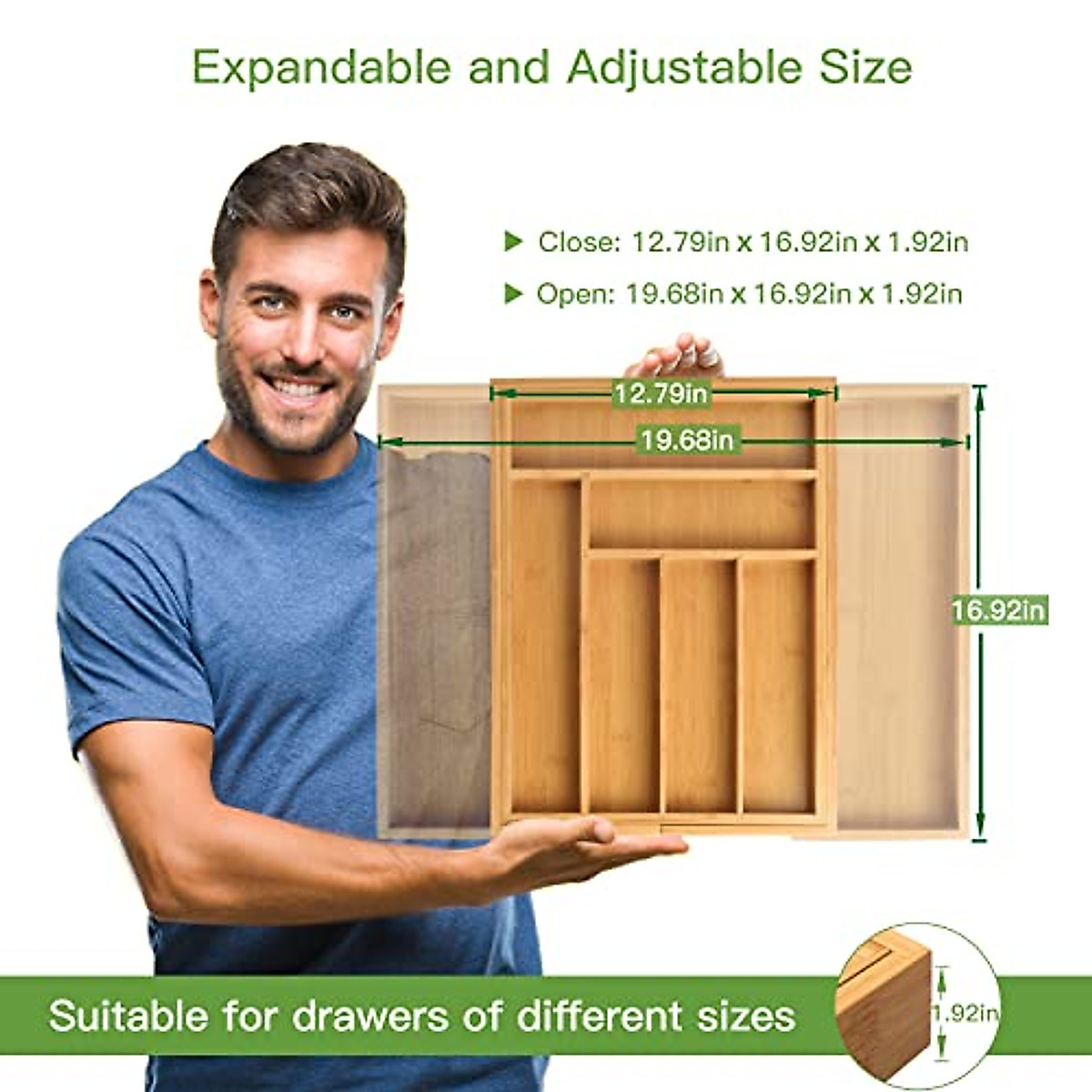 Pipishell Bamboo Expandable Drawer Organizer for Utensils Holder, Adjustable Cutlery Tray, Wood Drawer Dividers Organizer for Silverware, Flatware, Knives in Kitchen, Bedroom, Living Room