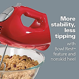 Hamilton Beach 6-Speed Electric Hand Mixer with Whisk, Traditional Beaters, Snap-On Storage Case, Dough Hooks, Red