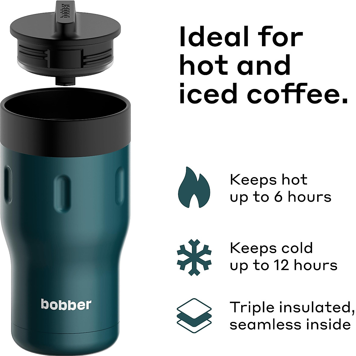 BOBBER 12 oz Stainless Steel Insulated Coffee Mug with Lid 100% Spill-Proof Commuter Mug for Car Cup Holder Dishwasher Safe Thermal Mug for Men, Women, Keeps Hot for 6 Hours (Teal)