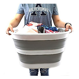 SAMMART 34L(8.98 Gallon) Set of 2 Collapsible Plastic Laundry Basket-Oval Tub/Basket-Foldable Storage Container/Organizer-Portable Washing Tub-Space Saving,Water Capacity 29L(7.66 Gallon) (2, Grey)