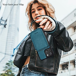 MOTIVE for iPhone 14 Plus Wallet Case Designed in New York, Crossbody Phone Case for Apple iPhone, Zipper Purse Case Wallet with RFID Blocking Card Holder | 6.7" Color Blue Teal - Fancy Series