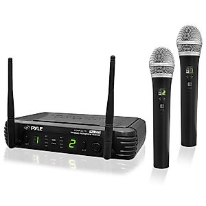 Pyle Professional Wireless Handheld Microphone System - Dual UHF Band, Wireless, Handheld, 2 MICS w/ 8 Selectable Frequency Channels, Independent Volume Controls, AF & RF Signal Indicators