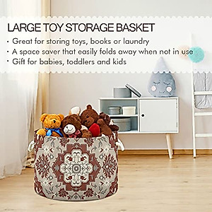 Kigai Boho Style Ethnic Pattern Storage Basket, Collapsible Round Toy Storage Bin, 20 x 14 Inches Laundry Basket with Handles, for Bedroom Living Room