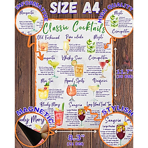 Classic Cocktails Recipes Magnetic Chart A4 format - Kitchen Pub Wall And Fridge Decor Stylish Colourful Informative Magnet Milliliters and Ounces Measurement Units
