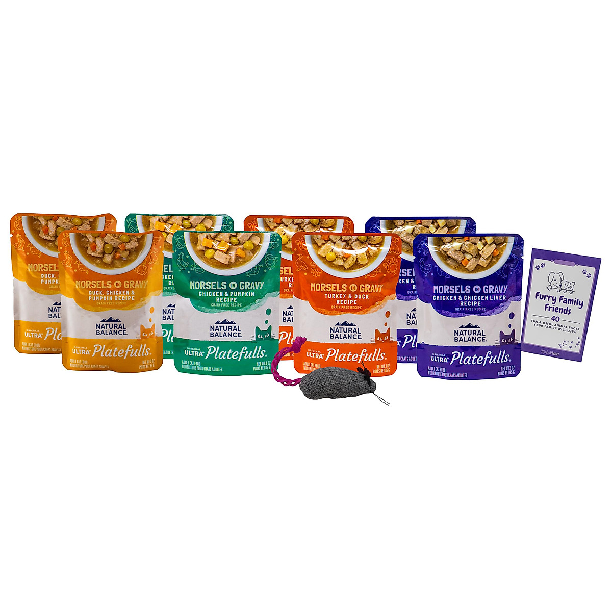 Natural Balances Platefulls Cat Food 4 Flavor 8 Pouch Variety, (2) Each: Chicken Liver, Turkey Duck, Chicken Pumpkin, Duck Chicken Pumpkin (3 Ounces) Plus Catnip Toy and Fun Facts Booklet Bundle