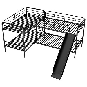 EMKK Quad Bunk Beds with Slide L-Shape Bunk Bed for 4 Twin Over Twin Metal Bunked Frame for Kids Boys Girls Teens,Twin Size L-Shaped Bunk Bed with Slide and Ladder