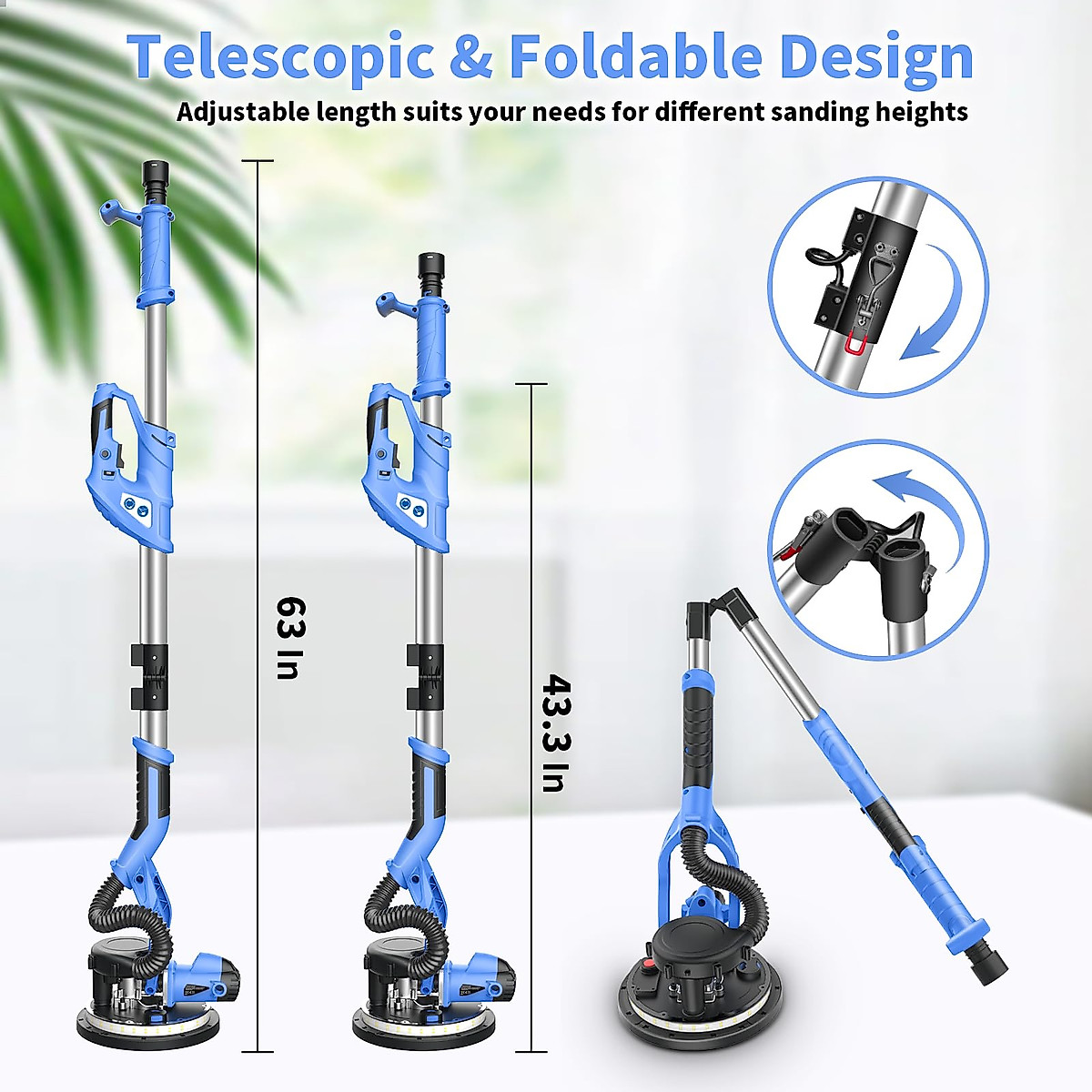 Drywall Sander with Vacuum Dust Collection, AZZUNO 7 Variable Speed 8.5A 750W Sander Tool, LED Light, Extendable Handle, 12pcs Sanding Discs