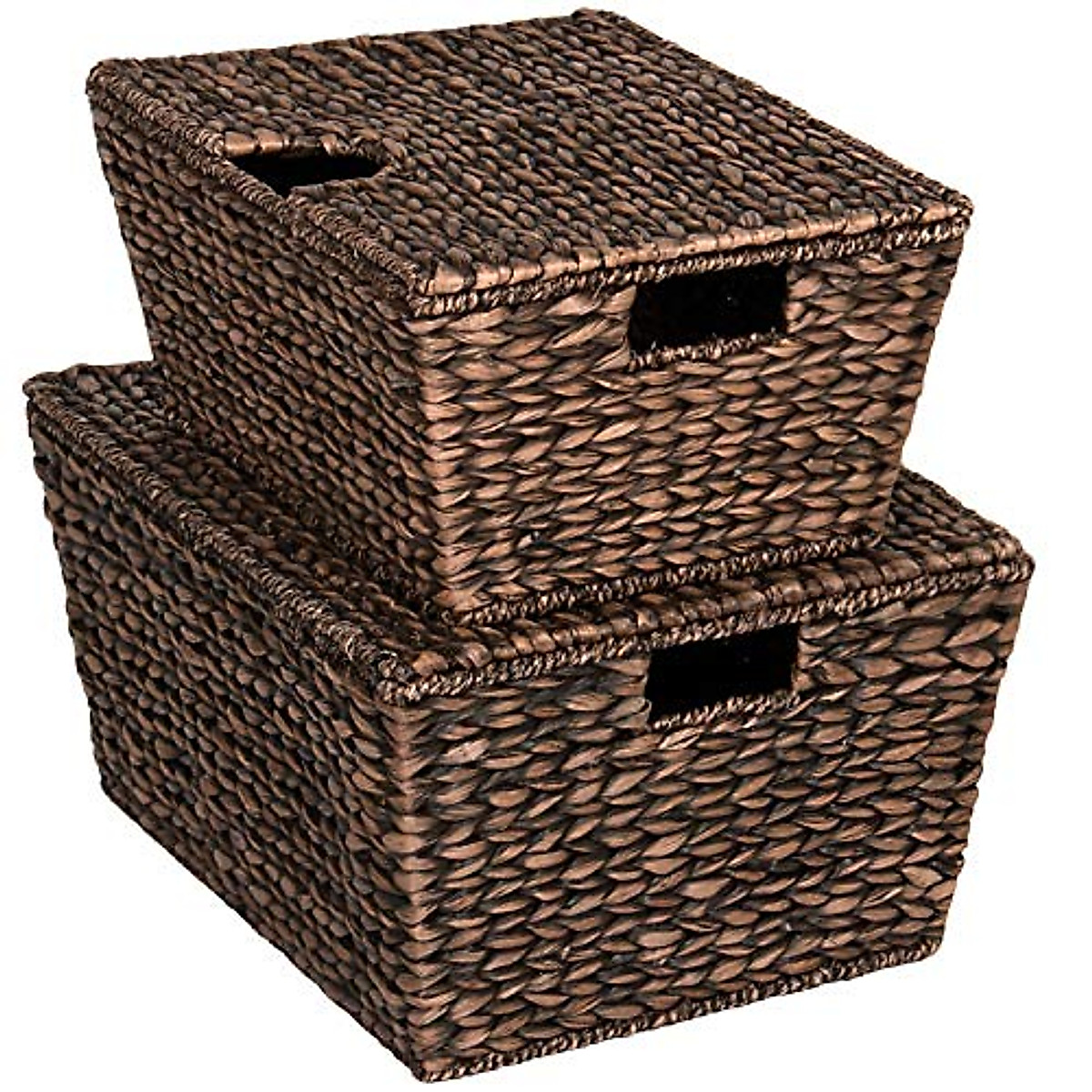 Manoch 2 Pieces Set Hand Woven Water Hyacinth Wicker Baskets Storage Organizer Bins Handles Large Basket Dimensions: 21.5"(L) x 13.5"(W) x 10"(H) Small Basket: 18"(L) x 12"(W) x 8"(H)