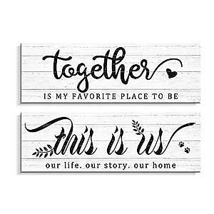Kas Home Farmhouse Wall Decor - 2 Pieces This Is Us & Together Rustic Canvas Wall Art for Home Inspirational Print Bedroom Decor Plaque Hanging Decorations for Living Room (5.5 x 16.5 inch, White - 2 Pieces)