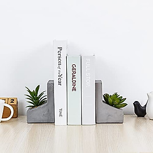 MyGift L-Shaped Heavy Concrete Shelf Decor Decorative Bookends with Artificial Succulent Plants, Desktop Textbook Book Stands, 1 Pair