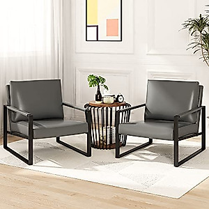 AWQM Modern PU Leather Accent Chair Arm Chair with Extra-Thick Padded Backrest and Seat Cushion Sofa Chairs for Living Room Bedroom, 105 Degree Slant Back, Non-Slip Adsorption Feet, Grey