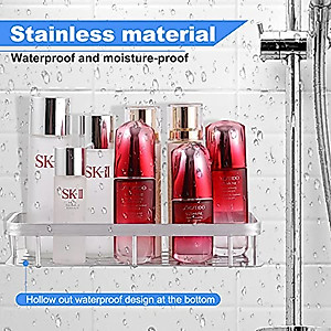 Shower Basket With 4 Hooks Strong Self-Adhesive Shower Shelf For Shampoo And Conditioner Bathroom Storage or Dormitory Kitchen SUS304 Stainless Steel Rust Proof, 3 Pack No Drilling Rust Proof - Silver