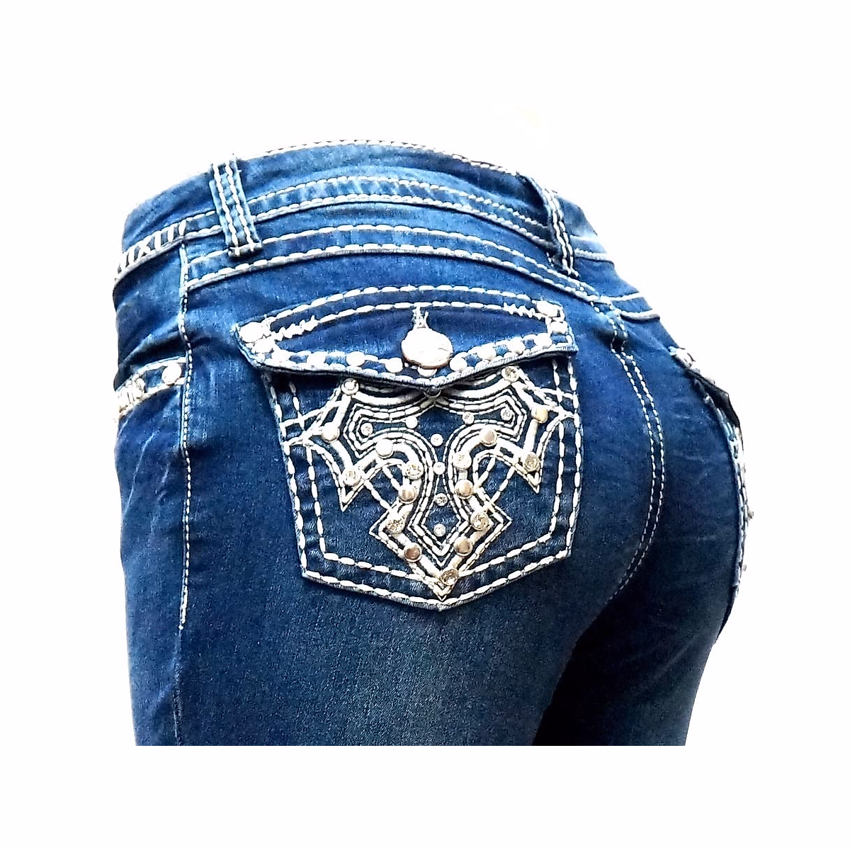 LA Idol Jack David U-Cute Rose 2 Rhinestone Studded Medium & Dark Wash Denim Bootcut Flap Pocket Jeans