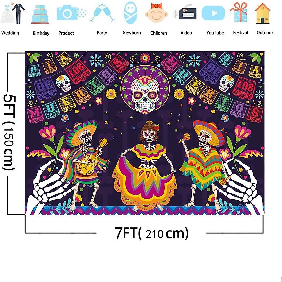 MEHOFOND Day of The Dead Backdrop Mexican Dia DE Los Muertos Photography Background Skull Skeleton Mexican Festival Party Decor 7x5ft