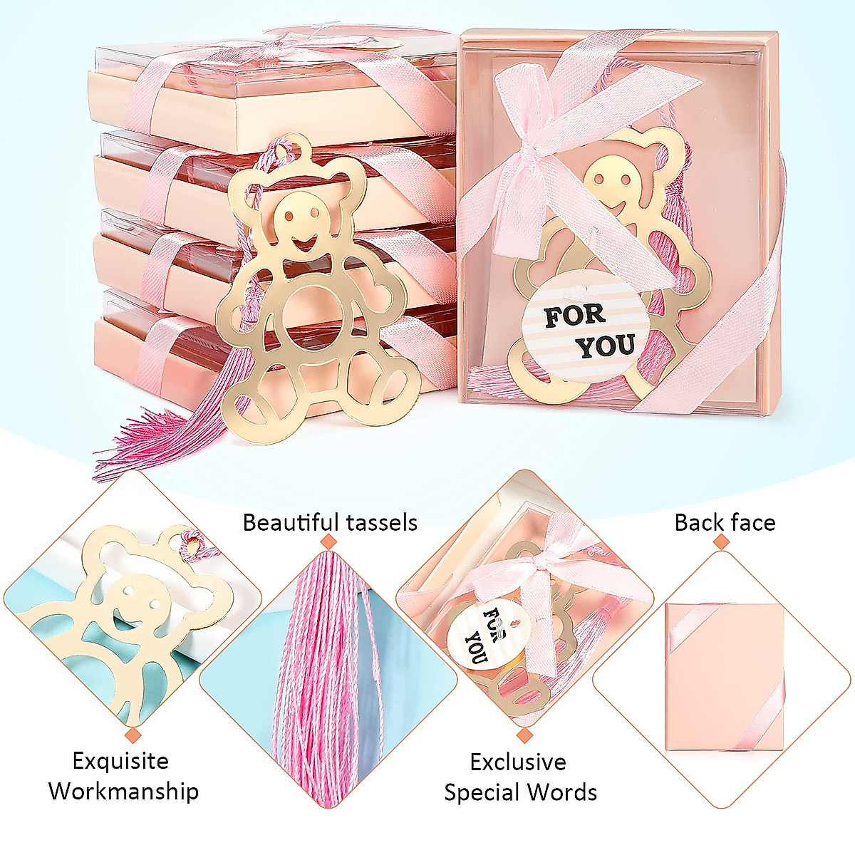 50 Pieces Baby Shower Favors for Guests Metal Bookmarks Guest Gifts for Baby Shower Birthday Bridal Shower Party Gifts Carnival Reward Little Bear Decorations Souvenirs with Individual Package (Pink)