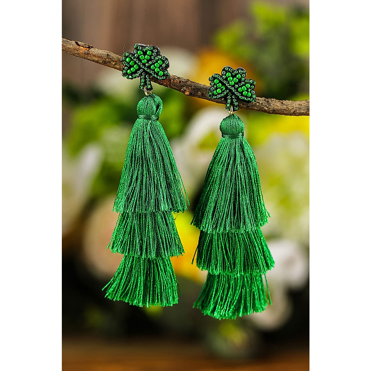 St.Patricks Day Earrings Green Clover Shamrock Beaded Earrings Handmade long Tassel Statement Dangle Earrings Jewelry for Women (St.patricks Earrings A)