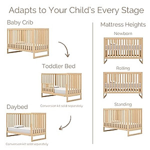 dadada Baby’s 3-in-1 Austin Convertible Crib - Newborn Essentials Baby Bed Fits Standard Crib Mattress - Adjustable Bed Base - Natural