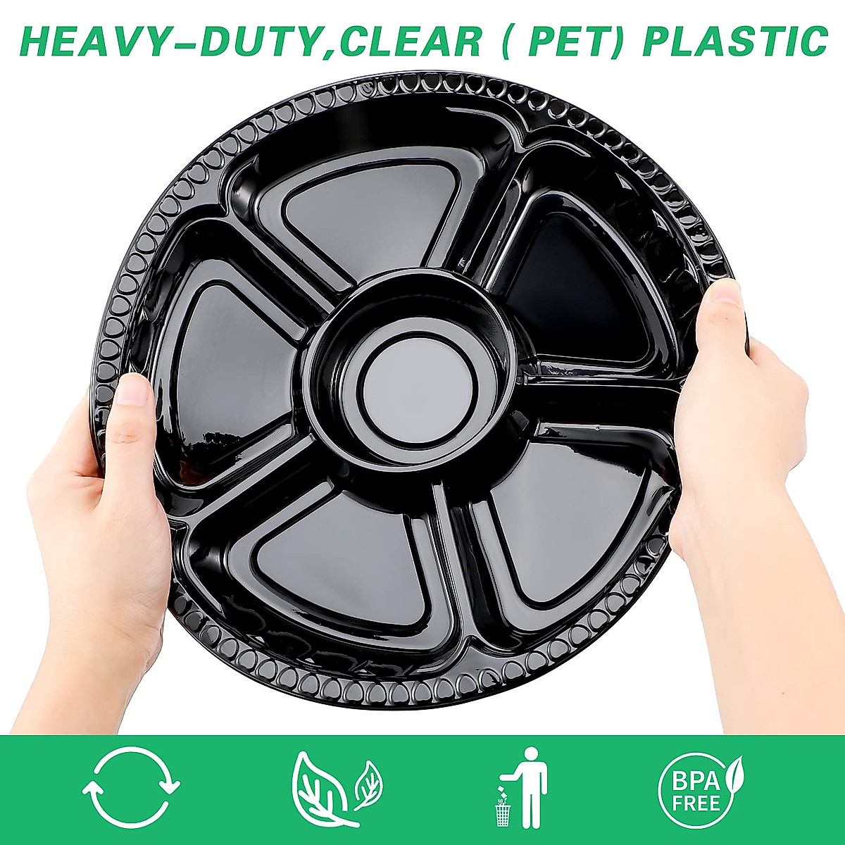 Patelai 10 pcs Plastic Veggie Tray with lid Fruit Trays Round Disposable Appetizer Serving Trays with 6 Divided Compartment for Vegetable Salad Food Snack Serving Platter