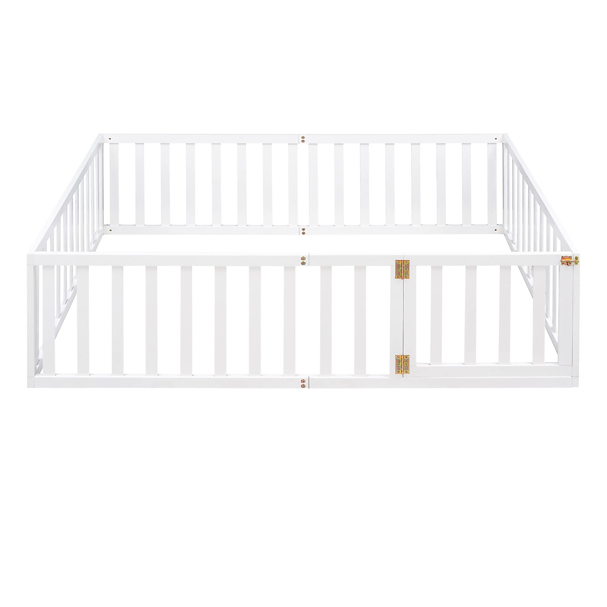 Harper & Bright Designs Full Size Floor Bed with Rails,Montessori Floor Bed Wood Frame with Fence and Door, for Kids Girls Boys (White)