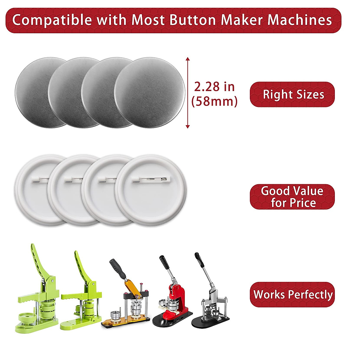 Onemorello 800 PCS Button Maker Supplies, 2.28 inch / 58mm Button Parts Button Supplies, Approx. 2.25 in Blank Button Badge Parts with Paper for Button Maker Machine Pin Maker Machine Button Press