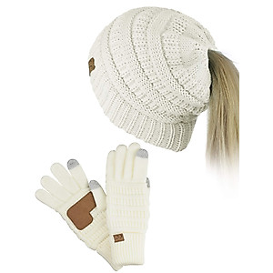 C.C BeanieTail Messy High Bun Cable Knit Beanie and Anti-Slip Touchscreen Gloves Set, Ivory