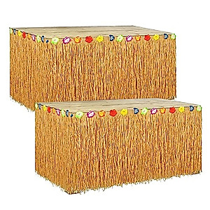 2 Pc Luau Grass Table Skirt, Hawaiian Table Skirt, 9 Feet Hawaiian Fringe Table Skirt, Grass Table Skirts for Luau Party, Luau Plastic Table Skirt for Hawaiian Luau Party Supplies Birthday Decoration