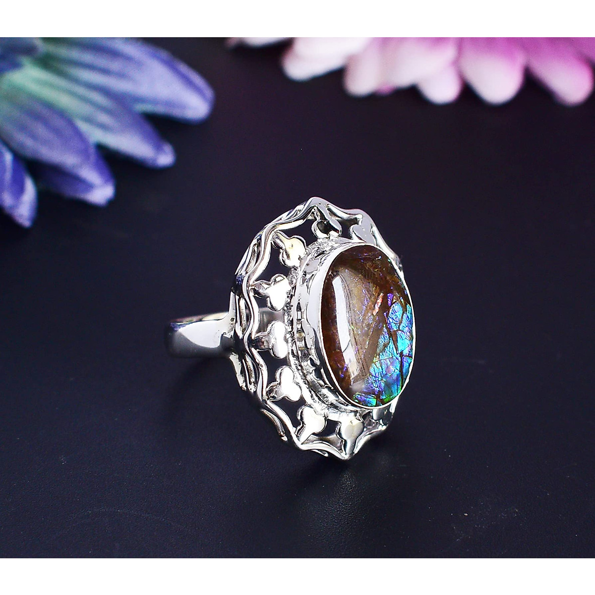 Ravishing Impressions Genuine Ammolite Gemstone 925 Solid Sterling Silver Ring Handmade Jewelry For Women