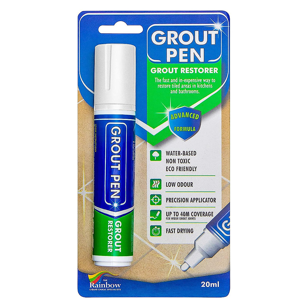 Grout Pen White Tile Paint Marker: Waterproof Grout Paint, Tile Grout Colorant and Sealer Pen - White, Wide 15mm Tip (20mL)