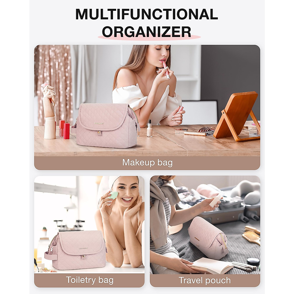 BAGSMART Travel Toiletry Bag, Toiletry Bag for Women with Hanging Hook, Large Wide-open Cosmetic Bag Make Up Organizer Case Travel Bag for Toiletries Accessories,Traveling, Camping, Pink