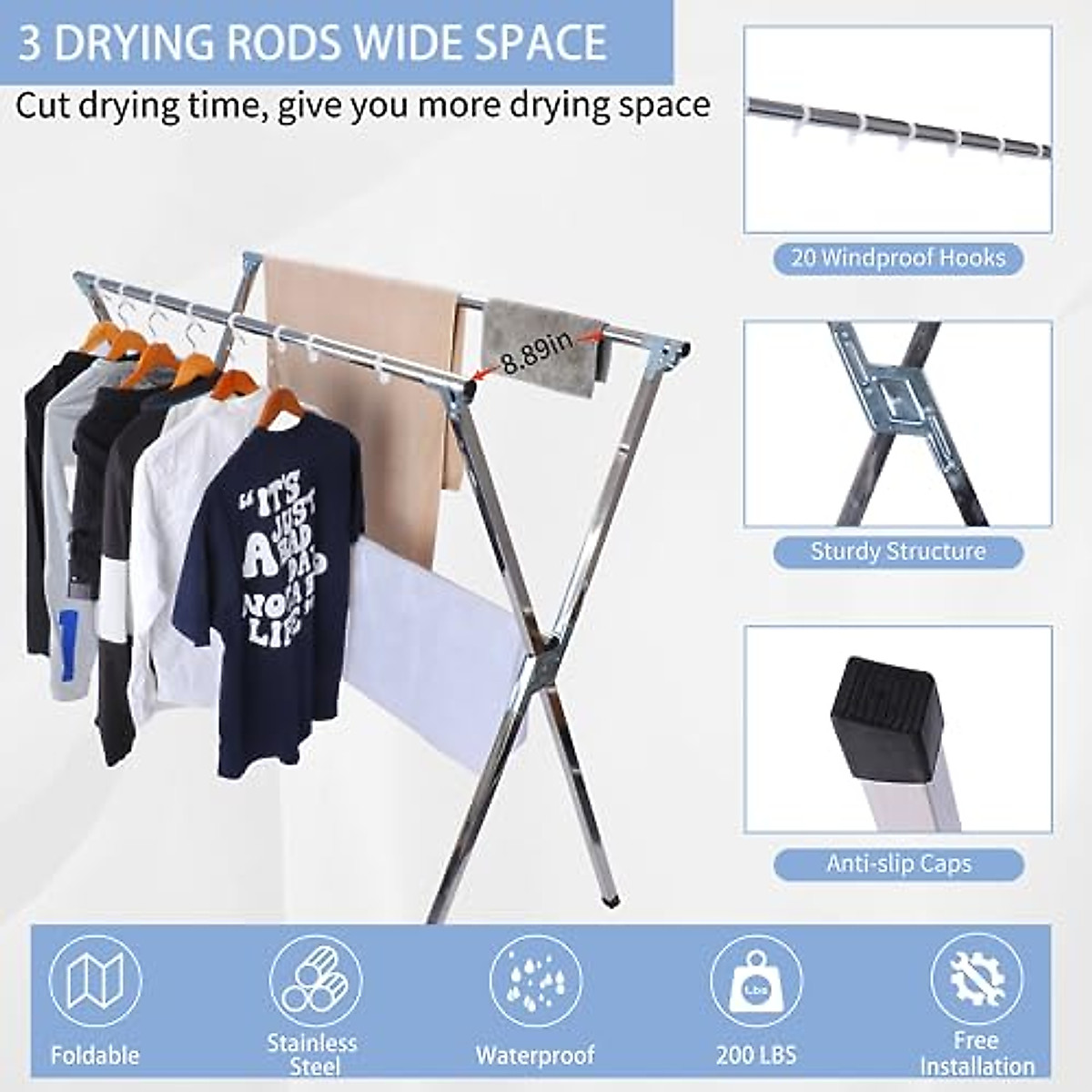 DAMGOLOZA Clothes Drying Rack, 95 Inches Portable Heavy Duty Stainless Steel Laundry Drying Rack, Foldable & Length Adjustable with 20 Windproof Hooks for Indoor Outdoor