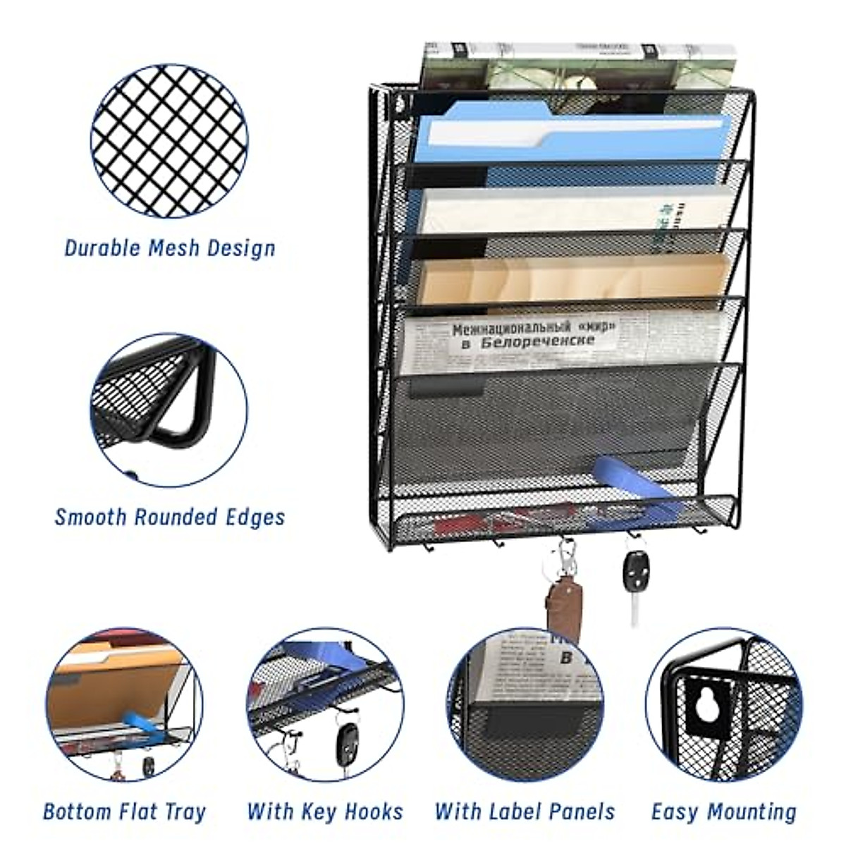 samstar Wall File Organizer with Hooks, 6 Tier Wall Mount File Holder Hanging File Organizer Vertical File Rack for Office/School/Home, Black