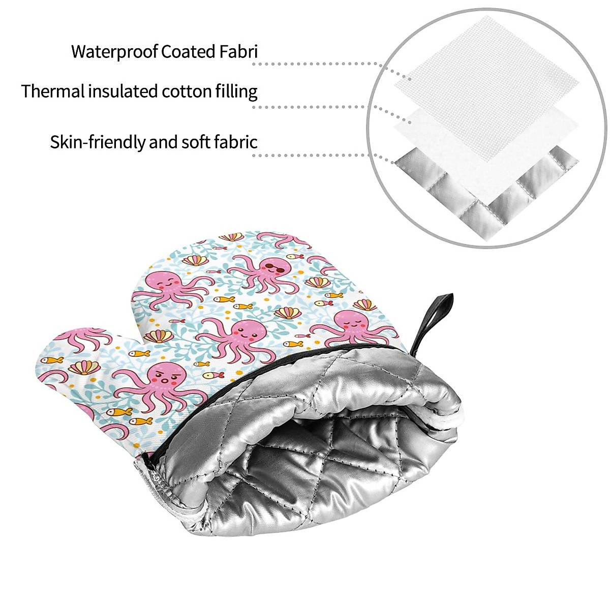 Cute Octopus Oven Mitts and Pot Holders Sets of 4 Heat Resistant Cooking Gloves and Potholders Non-Slip Kitchen Mittens Hot Pads with Hanging Loop for Kitchen Baking BBQ Grilling Picnic