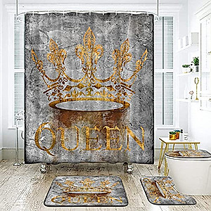 DuoBaorom 4 Pieces Set Queen Shower Curtain Set Abstract Golden Crown with Letter Queen Grey Artwork on Non-Slip Rugs Toilet Lid Cover Bath Mat and Bathroom Curtain with 12 Hooks 72x72inch