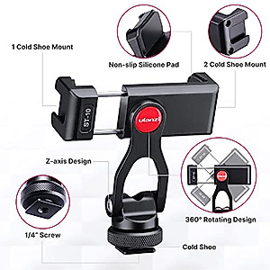 ULANZI Metal Phone Tripod Mount ST-10, Universal 360° Smartphone Adapter with 2 Cold Shoe Mount, Adjustable Cell Phone Clamp Stand Holder, Compatible with iPhone, Samsung Galaxy and All Phones