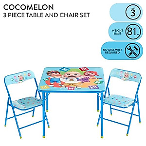 Idea Nuova Cocomelon 3 Piece Children's Activity Square Table and 2 Folding Chairs Set, Ages 3+