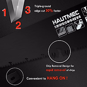 HAUTMEC 22-Inch Aggressive Hand Saw, Ergonomical Handle, Rust-proof Wood Saw With Chip Removal Design, for Heavy Duty Sawing, Trimming, Gardening of Wood, Drywall, Laminate And Plastic HT0026-SA