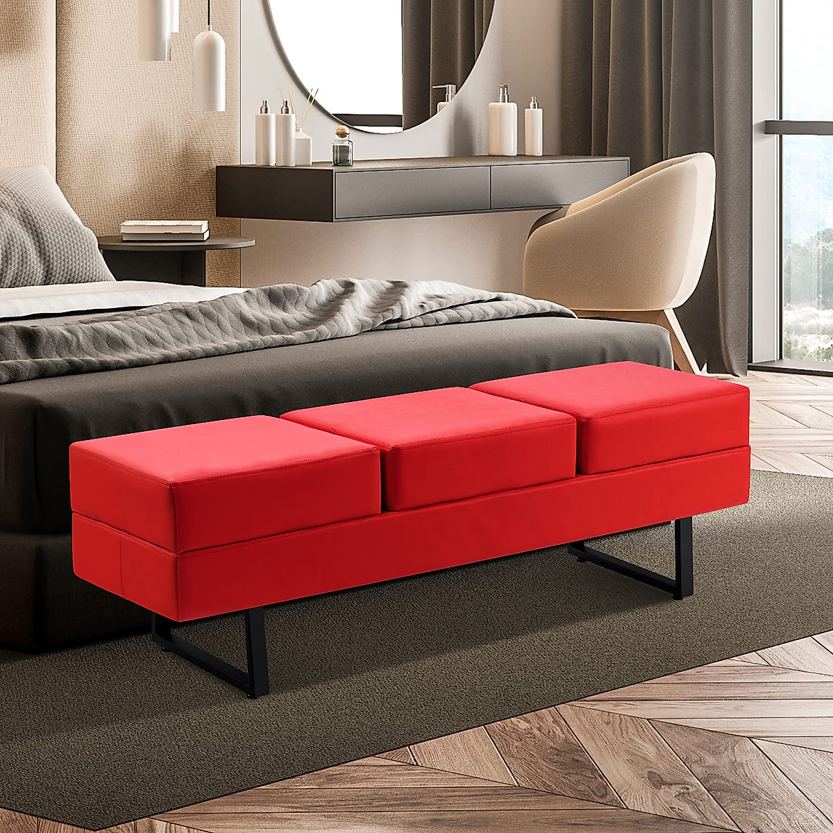 BarberPub Waiting Room Chairs, Heavy Duty Office Guest Reception Bench, Faux Leather Upholstered Lobby Chairs for Salon, Conference Room 7008 (Red)