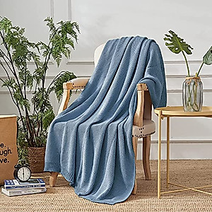 Queenshin 100% Cotton Cozy Cable Knit Throw, Lightweight Fluffy Snuggle Bed Sofa Decorative Knitted Blanket 50 * 60 Inch, Blue