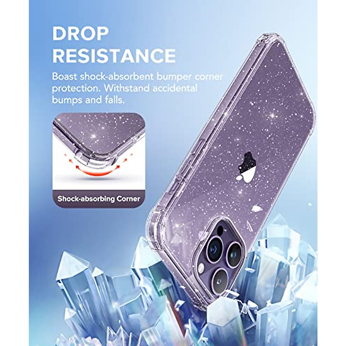 BERFY for iPhone 14 Pro Case Glitter Clear, with 2X Screen Protector + 2X Camera Lens Protector, [Non-Yellowing] [Military Grade Protection] Cute Bling Shockproof Phone Case 6.1 Inch, Shiny Clear