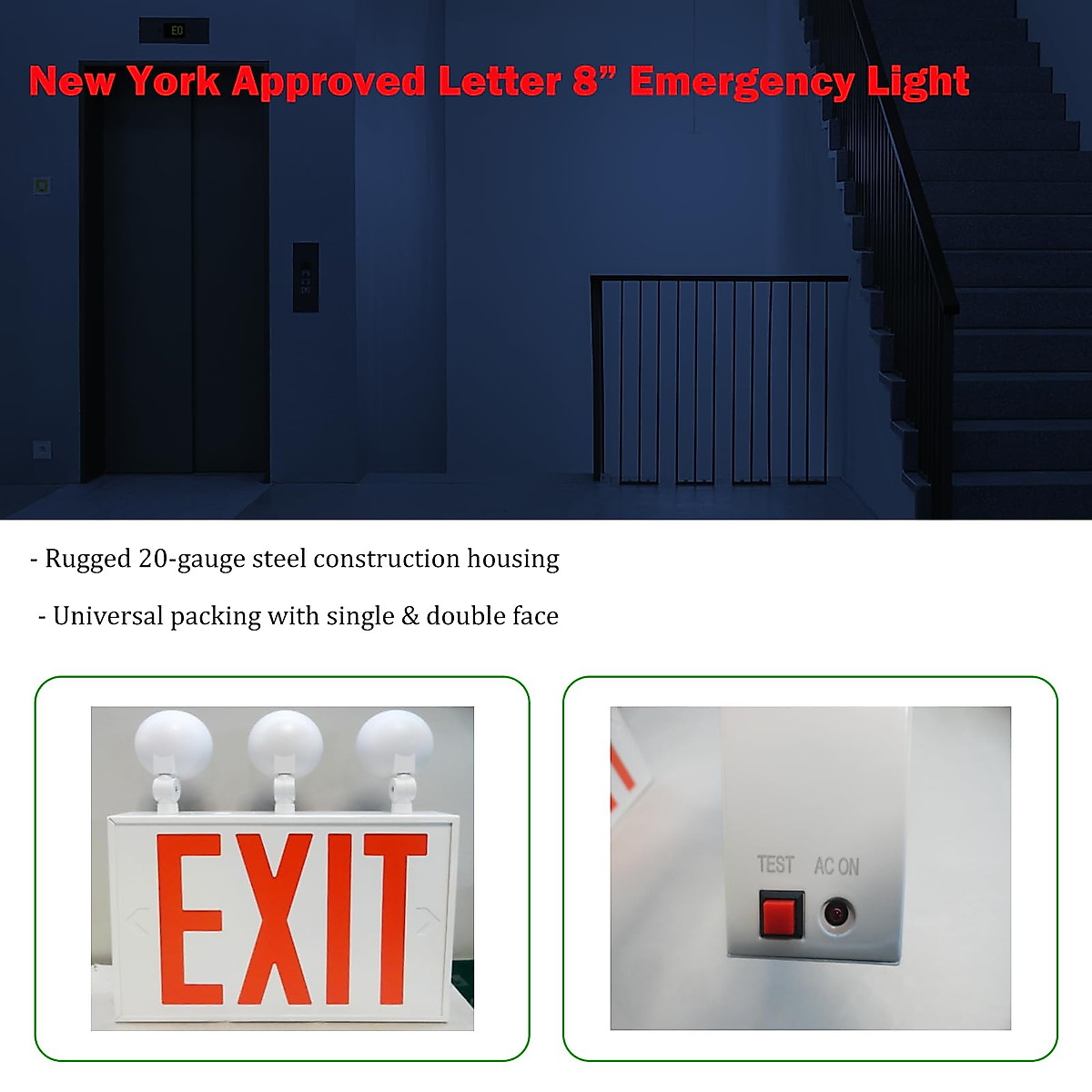 Garrini New York Approved Letter 8" Steel LED Emergency Light Exit Sign Combo Adjustable Lamps Heads, 120-277V, Single and Double Faces, Fire Resistant UL Certified NYC-2000 (3 Heads)