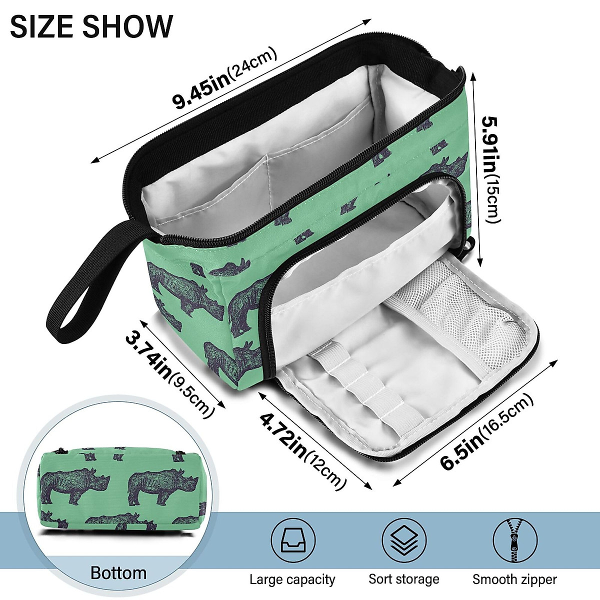 Fisyme Rhino Rhinoceros Green Pencil Case Large Capacity Pencil Pouch Pen Bags Box Big Makeup Pencil Case Organizer