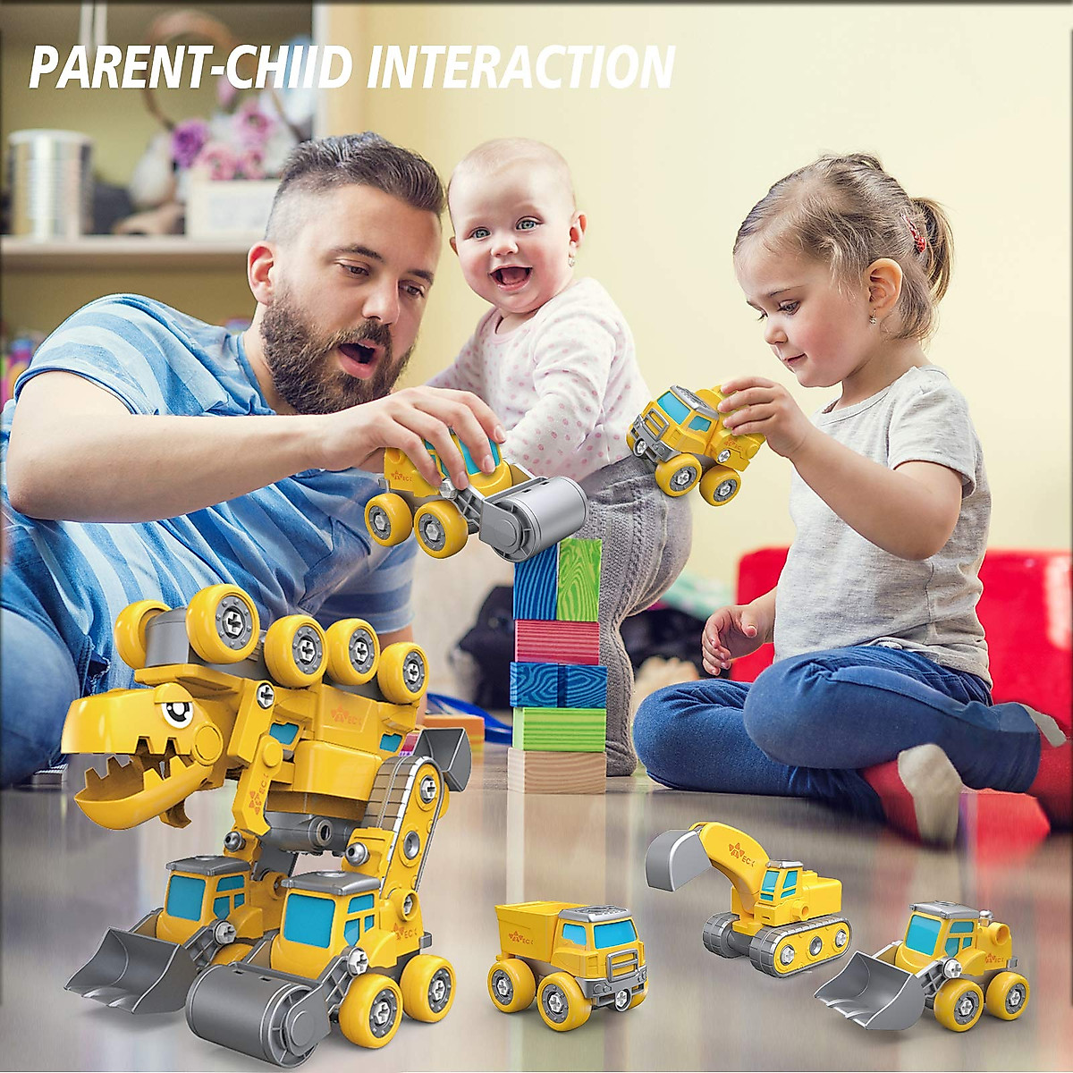 ERCHAOXI 5 in 1 Take Apart Dinosaur Toys for Kids 3-5,5 Construction Trucks Transform into a Big Dinosaur Robot Toys,STEM Building Toys Gifts for 4 5 6 7 8 Years Old Boys & Girls