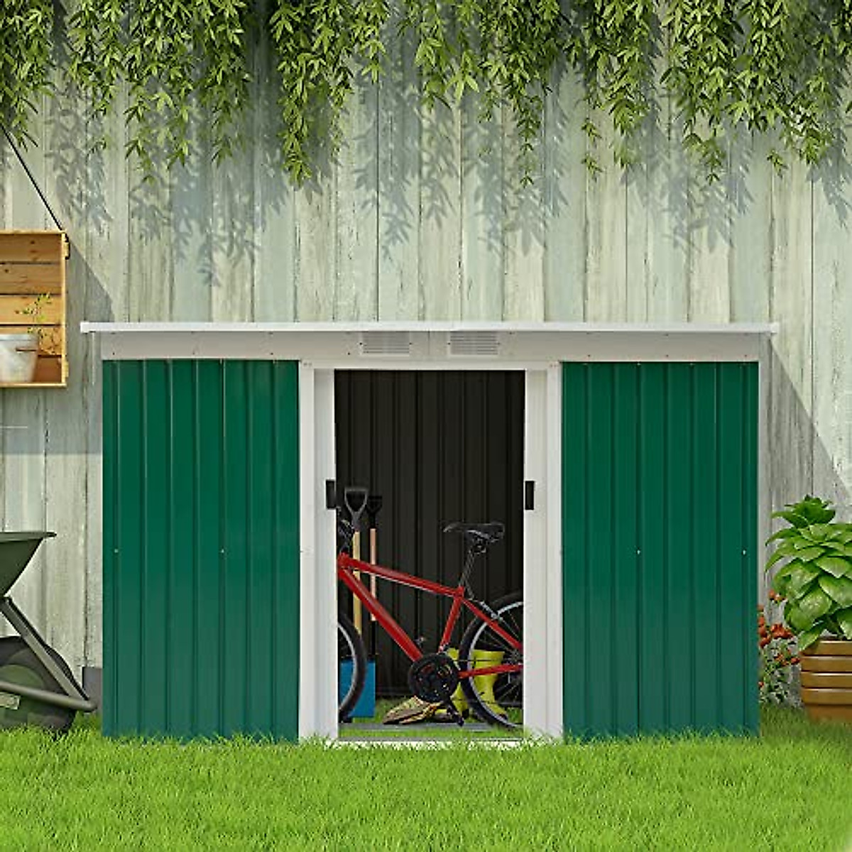 Outsunny 9' x 4' Metal Garden Storage Shed Tool House with Sliding Door Spacious Layout & Durable Construction for Backyard, Patio, Lawn Green