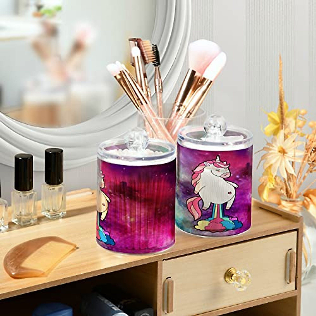 KEEPREAL Funny Unicorn Galaxy Rainbow Fart Qtip Holder Dispenser with Lids, 2PCS Plastic Food Storage Canisters, Apothecary Jar Containers for Vanity Organizer Storage