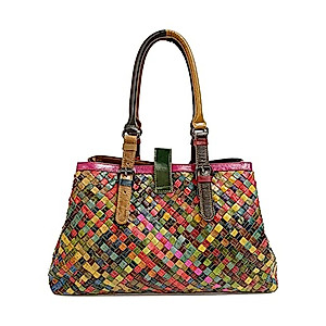 Women Multicolor Splicing Genuine Leather Handbag Designer Hand Woven Satchel Purses Top Handle Shoulder Totes Crossbody Bag (Multicolor)