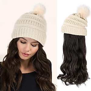 AynnQueen Beanie with Hair Attached for Women Slouchy Cable Hat Wig Knit Beanie Winter Hat with 20inch Removable Hair Extensions Wig (Dark Brown-Khaki Hat)