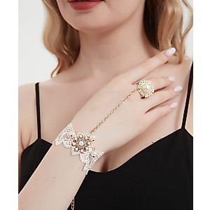 Asphire Retro Lace Slave Bracelet with Finger Ring Vintage Pearl Tassel Ring Chain Bracelet Lolita Costume Party Festival Rose Hand Accessories for Women (Style 5)