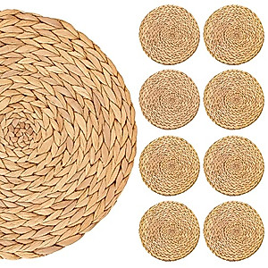 8 Pack Woven Placemats for Dining Table Round Natural Water Hyacinth Placemats Wicker Seagrass Rattan Placemats Heat Resistant Non-Slip Weave Mat Handmade (12" Round)