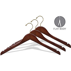 Wooden Top Hanger w/WalnutFinish, Box of 8 Hangers with Brass Swivel Hook and Notches for Hanging Straps, Great for Shirt or Dress