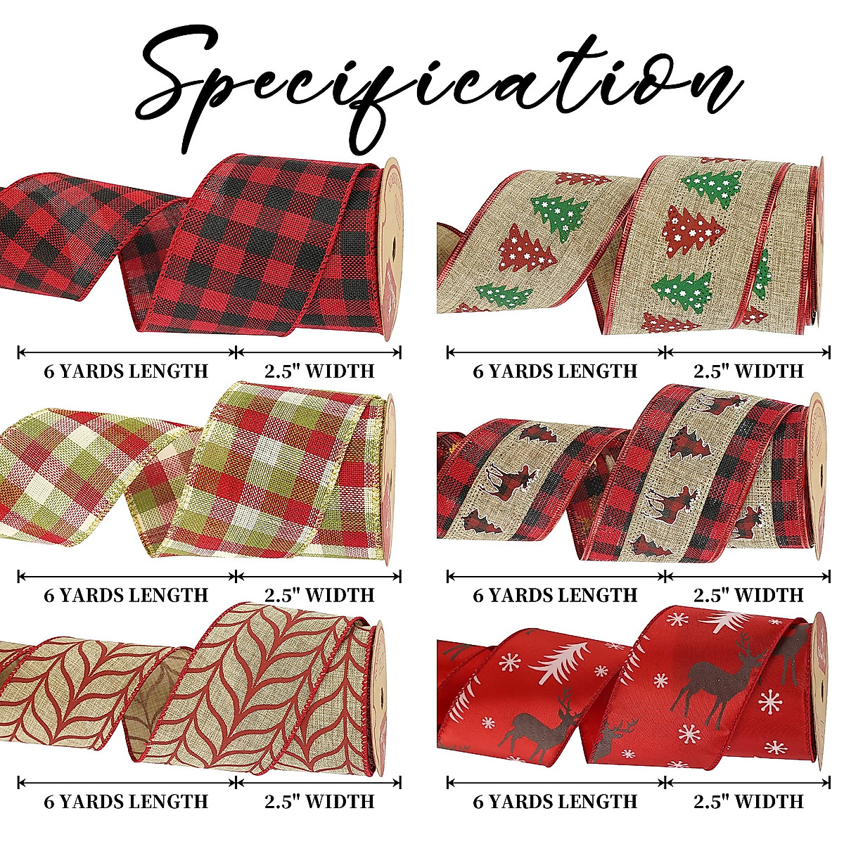 MEEDEE Burlap Wired Ribbon 2.5 Inch 6 Rolls 36 Yards Buffalo Plaid Ribbon for Wreaths, Tree Decorations, Ribbon Garland